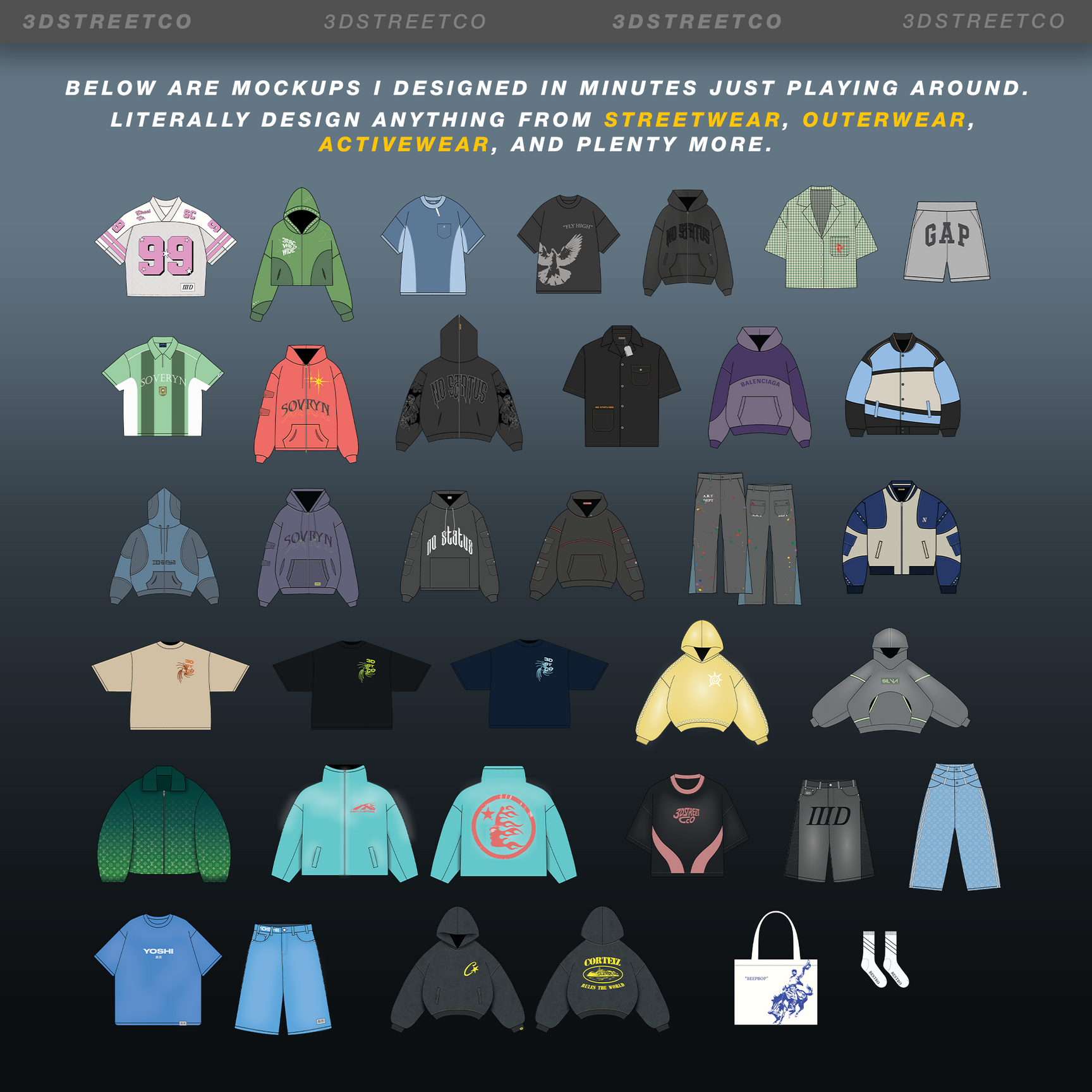 Ultimate Clothing Mockup Pack – 130+ Vector Templates – 3DStreetCo
